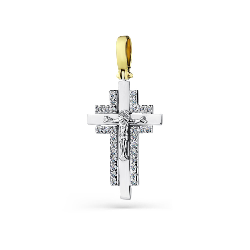 Крестик, желтое, белое золото, 585 проба, бриллиант