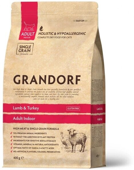 Grandorf Indoor Корм для кошек живущих дома с Ягненком и Индейкой, 400 г.