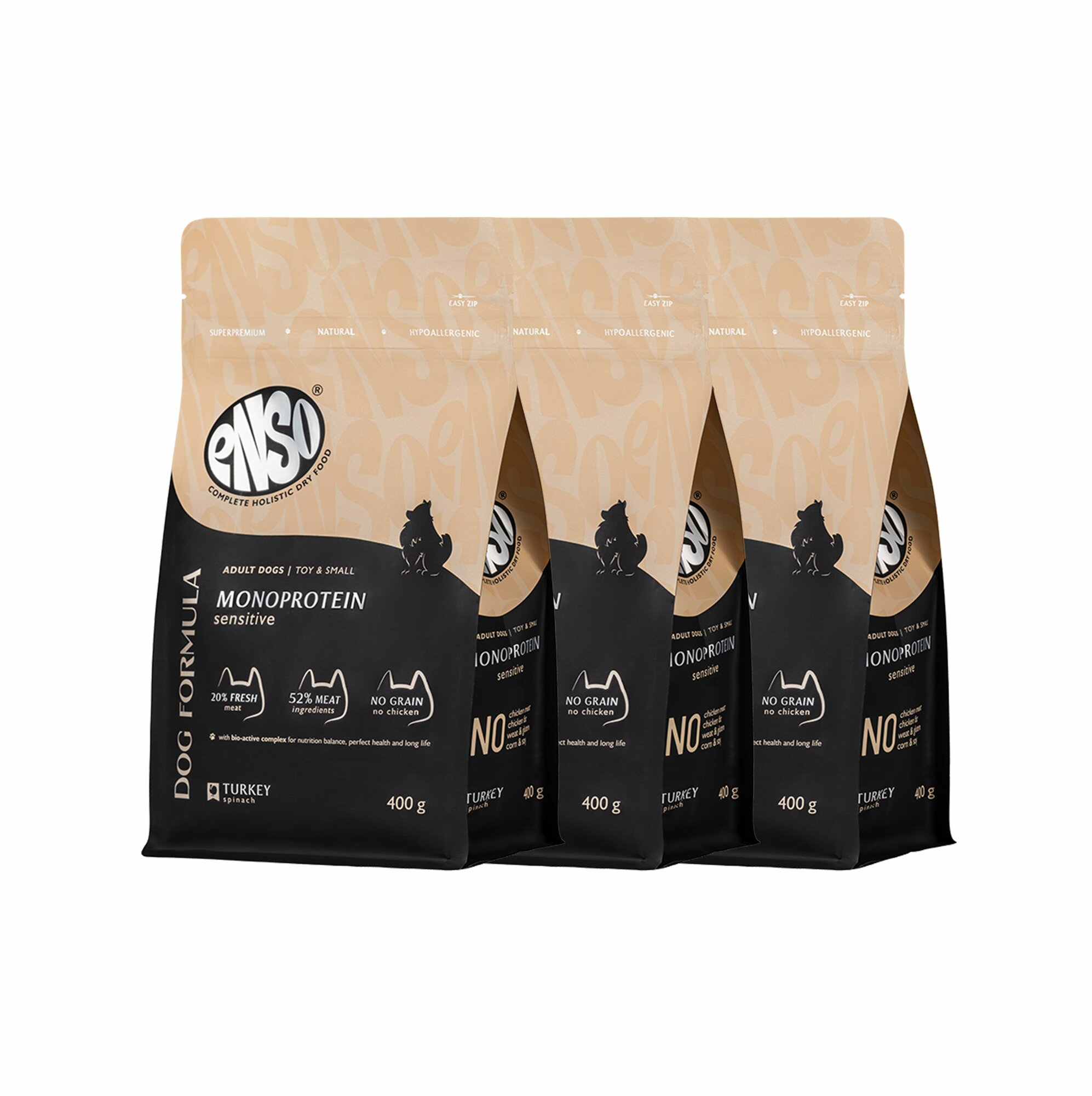 ENSO Dog formula Monoprotein сухой полнорационный корм для взрослых собак мелких и миниатюрных пород со свежей индейкой с добавлением шпината 0,4 кг x 3 шт.
