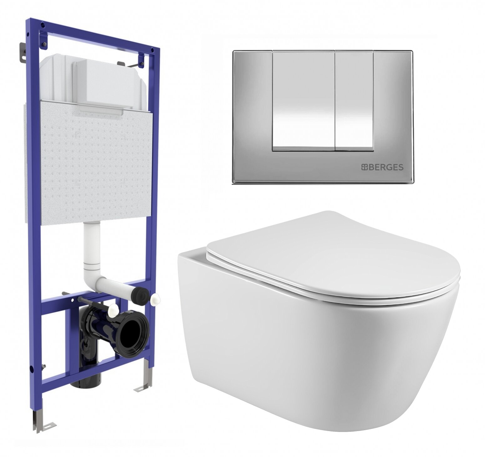 Комплект 3 в 1 инсталляция Berges Wasserhaus Novum 040242 + Унитаз подвесной Акватек Вега AQ1905-00 + кнопка хром матовая