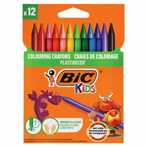 3 шт. Мелки пластиковые BIC "Plastidecor", 12 цветов, ультрапрочные, круглые, картонная упаковка, подвес, 945764
