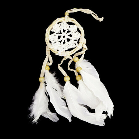 Ловец снов Ротанговый Круг с Макраме и Белыми Перьями (диаметр 5-6 см, длина 30 см.), 1 шт.