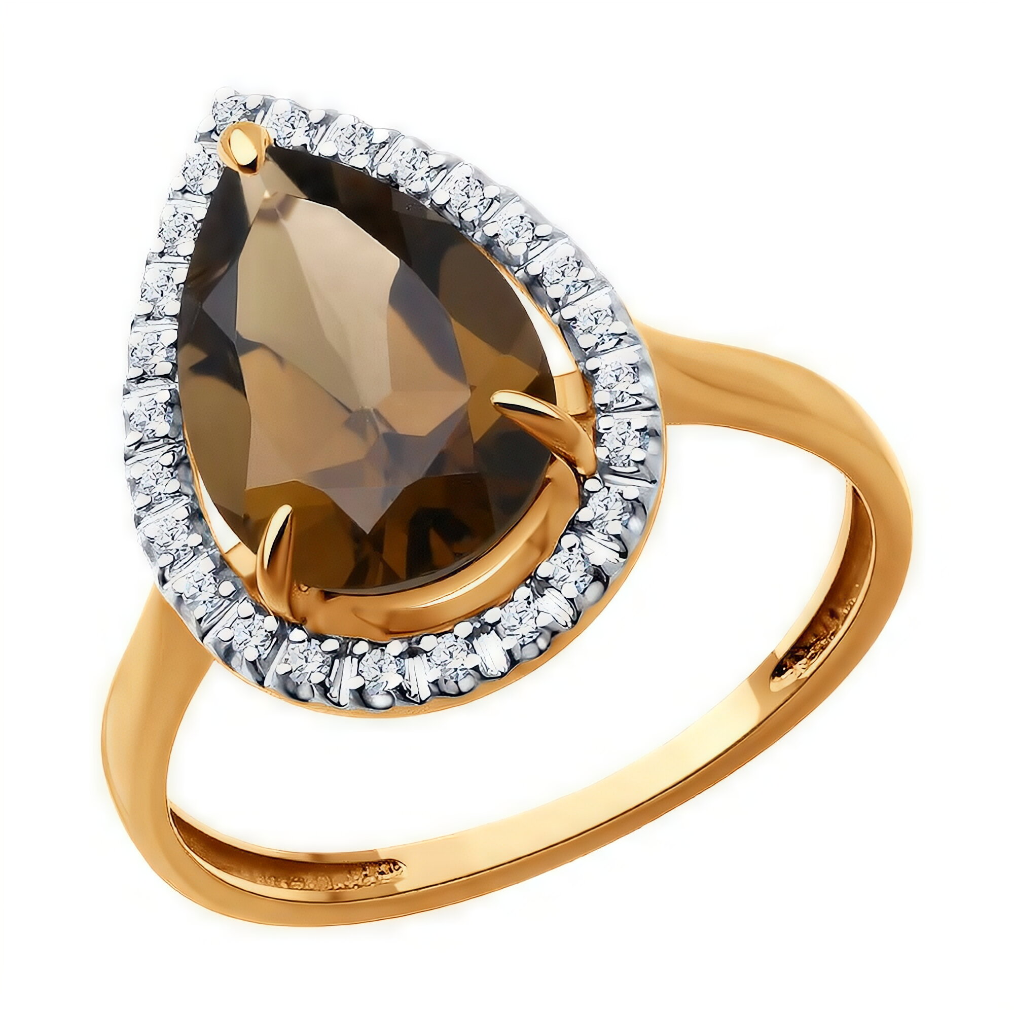 Кольцо, красное золото, 585 проба, фианит, раухтопаз