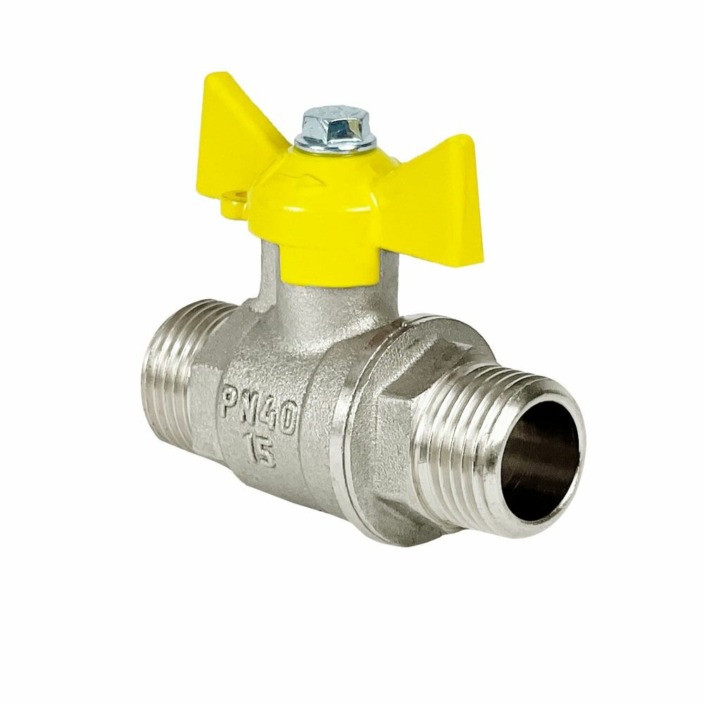 Кран шаровой латунь никель газ 11Б27фтМ Ду 20 Ру40 НР бабочка желтая VALFEX VF.279. NB3.034. N/P59