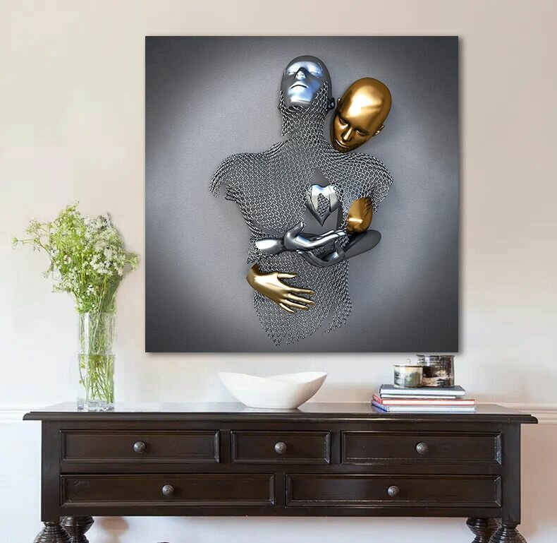 Картина в спальню, мужчина и девушка, Металлическая любовь, 70х70 см.
