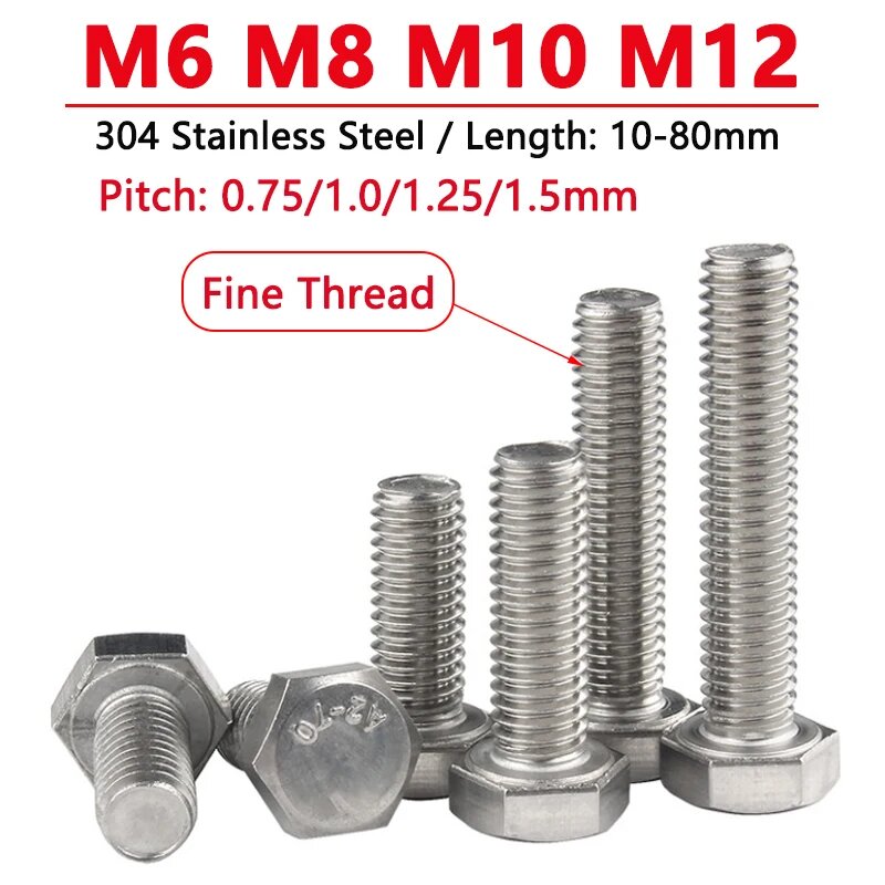 GooBetter Нержавеющие винты M6 M8 M10 M12 M12 ( Pitch 1.25), 10pcs, 25mm