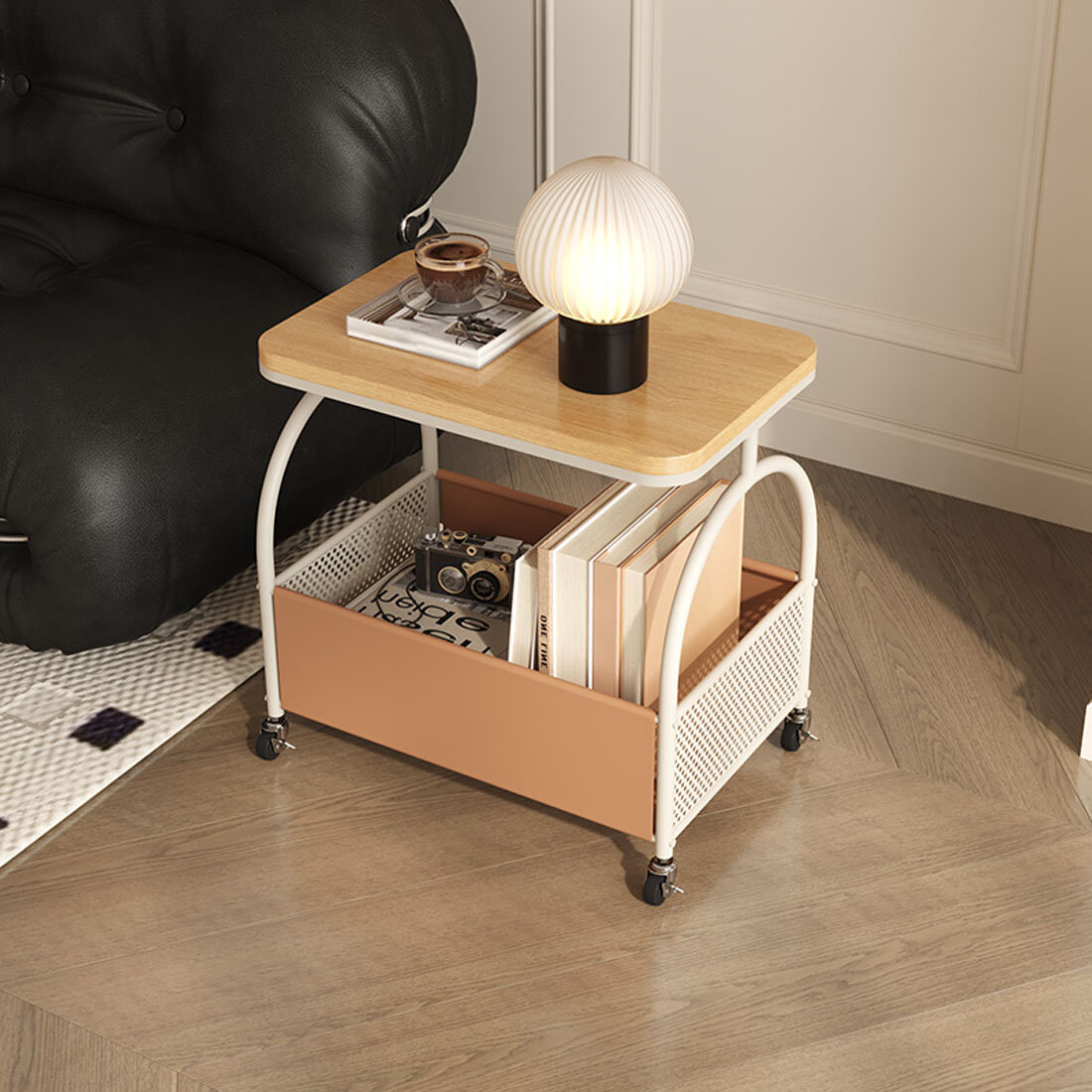 Кофейный столик на колесиках Walter (кремовый, деревянная столешница, кожаная корзинка)