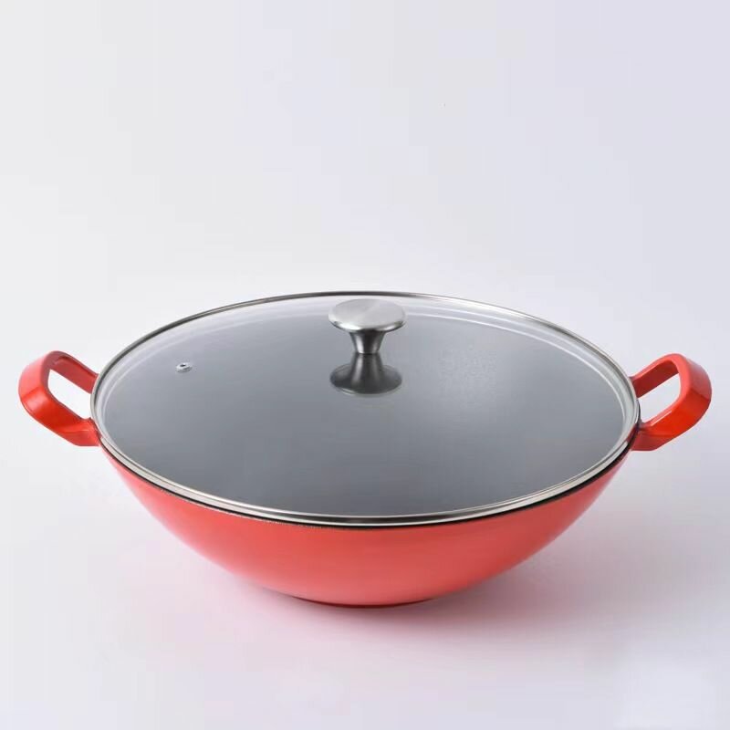 Чугунный мини-вок-вок с твердой ручкой и стеклянной крышкой 16 см