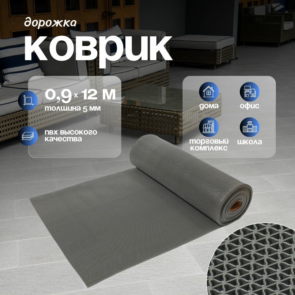 Коврик дорожка резиновый в рулоне Sanstep 0,9х12 м для улицы и офиса грязесборный, уличный для обуви, для прихожей, для входной двери, грязезащитный.