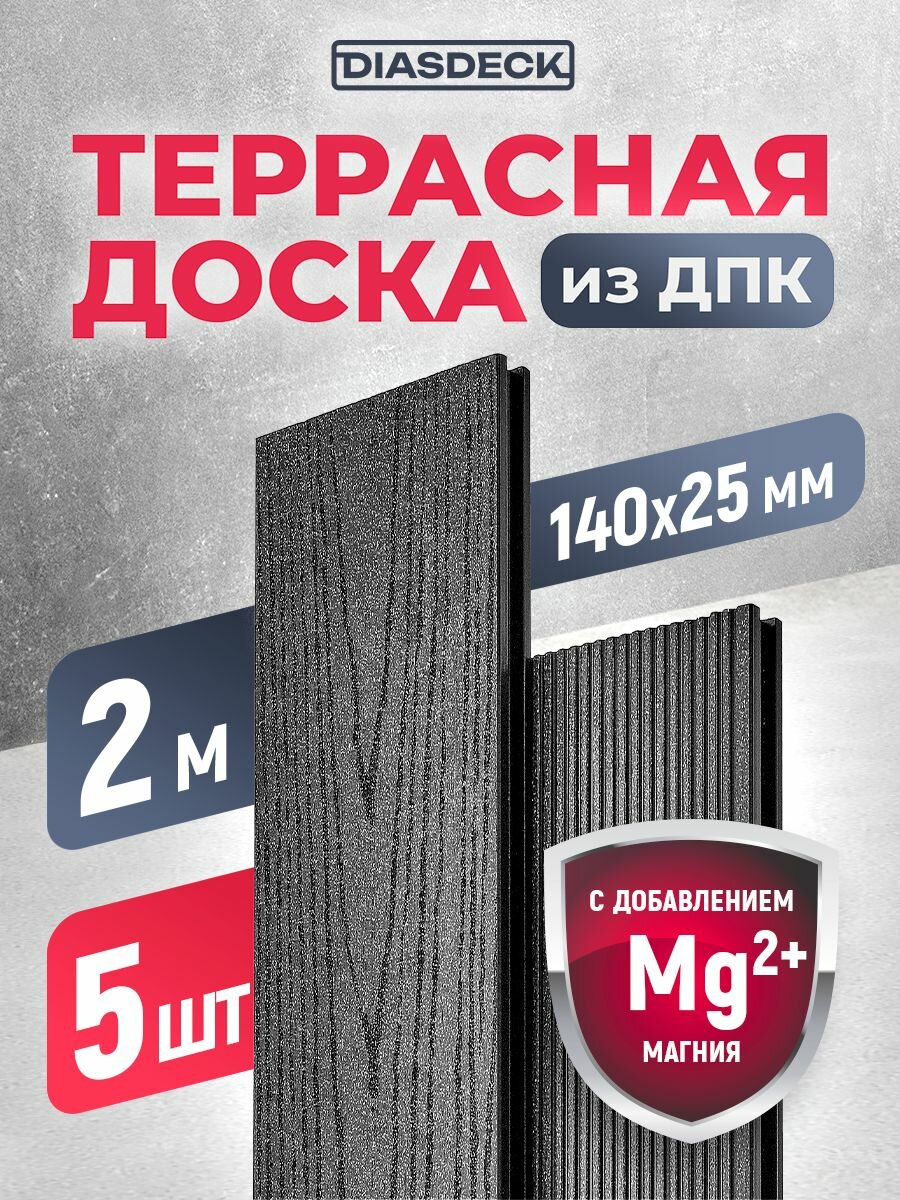 Террасная доска DIASDECK из ДПК 140х25мм длина 2,0 метра цвет антрацит, комплект 5 штук (минерал)