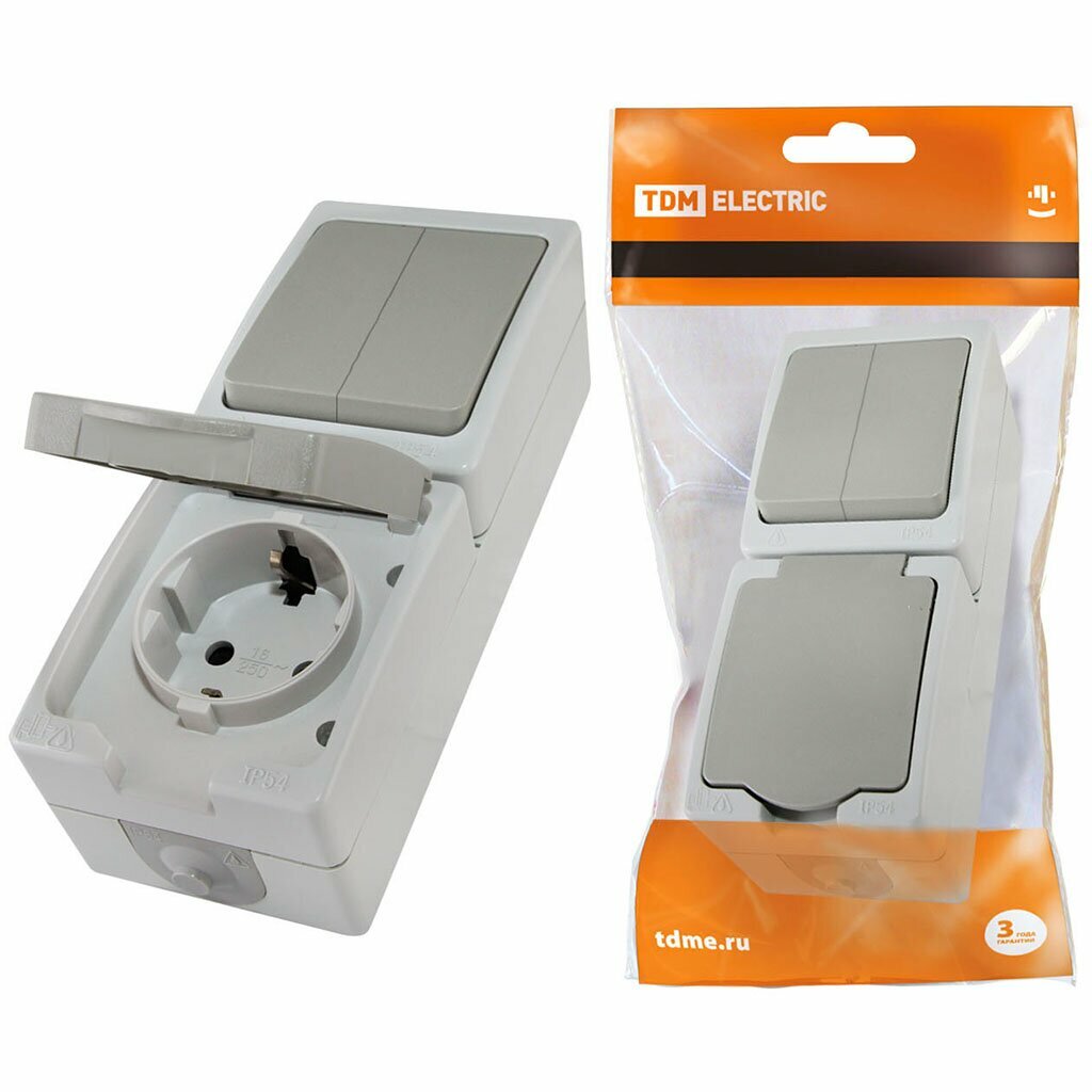 Комбинированный блок TDM Electric Вуокса, 1 розетка, 2 клавиши, IP54