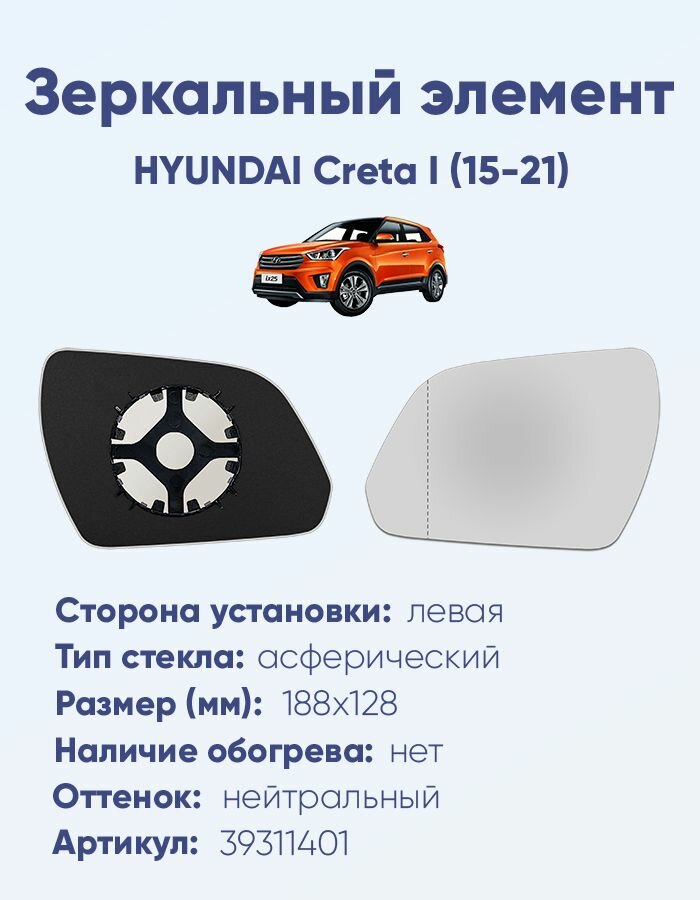 Зеркальный элемент левый HYUNDAI Creta I (15-21) асферика нейтральный без обогрева