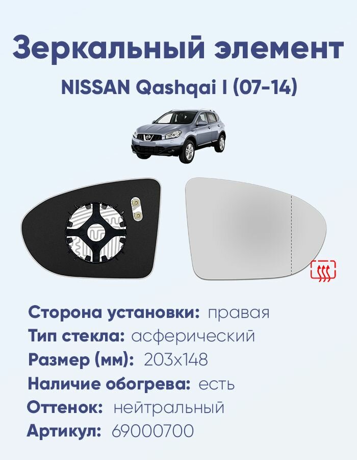 Зеркальный элемент правый NISSAN Qashqai I (07-14) асферика нейтральный с обогревом
