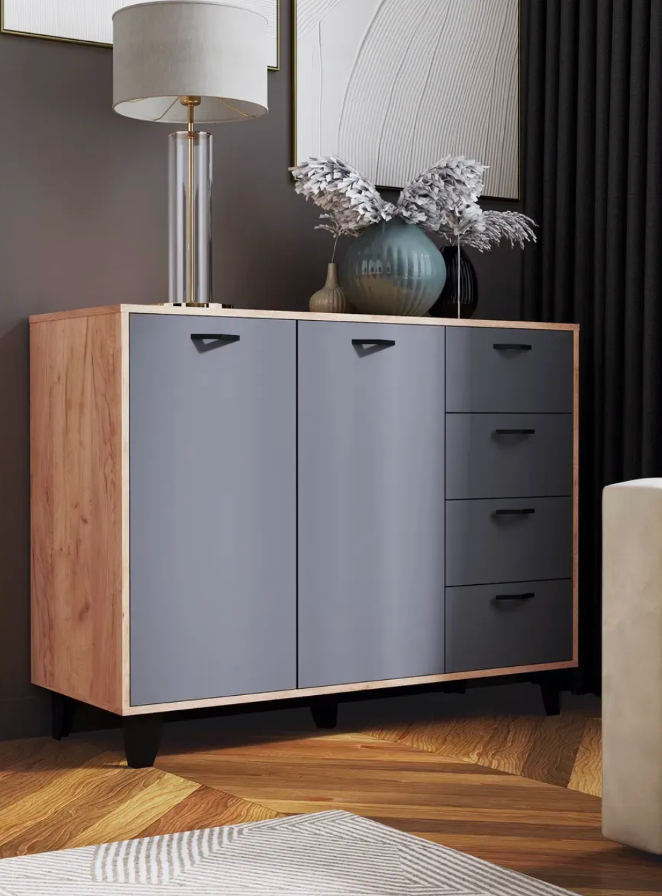 Комод Катрин 12 с ящиками, вместительный, 95×120×45 см, дуб крафт золотой / графит серый