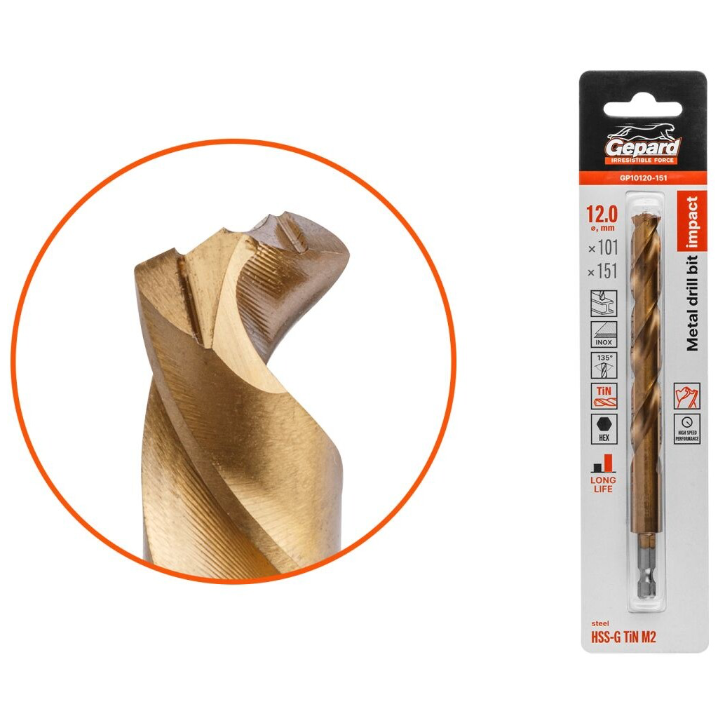 Сверло по металлу спиральное 12х101х151 мм GEPARD HSS-G TIN (GP10120-151)