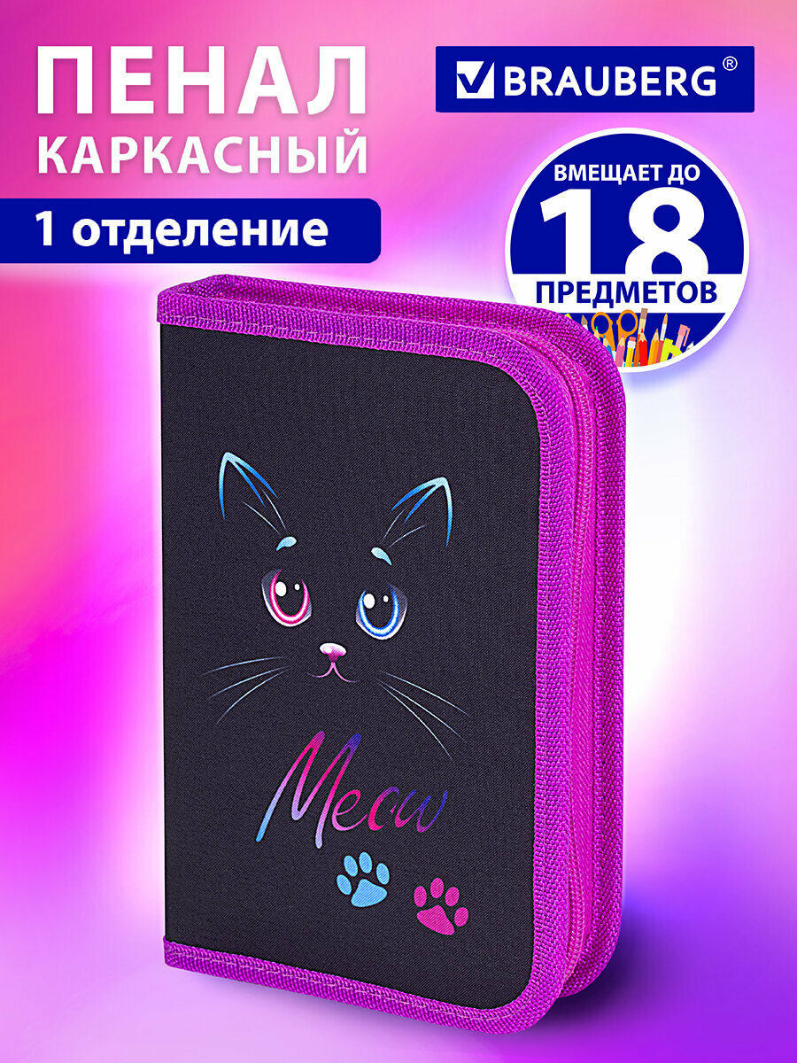 Пенал школьный для девочки / подростка для ручек, карандашей Brauberg, 1 отделение, полиэстер, 21х14 см, Black Cat, 271529