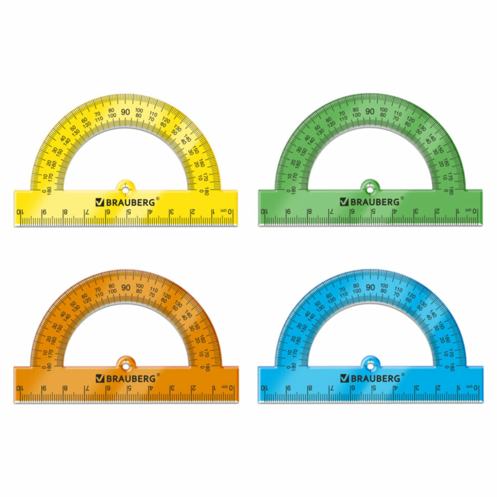 Транспортир пластиковый 10 см, 180 градусов, BRAUBERG, прозрачный, неоновый, ассорти, 210847, 210847