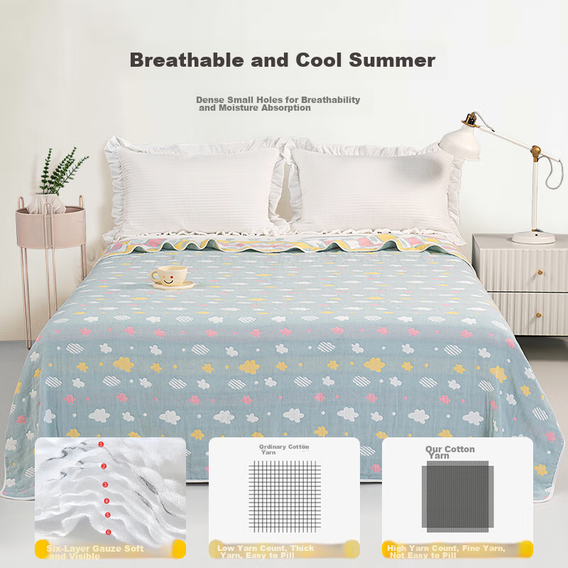 Hengyuanxiang Pure Cotton Gauze Towel Blanket, Six-Layer Thickened Quilt, Single Person Children's Summer Cool Nap Air Conditioning Shawl, 150×200cm