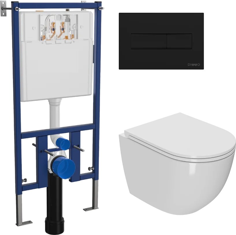 Комплект 3 в 1 Унитаз подвесной Bauedge Bau Dream Hurricane-2 с микролифтом, безободковый, белый / Инсталляция DIWO 4501 / Кнопка 7323 цвет матовый черный
