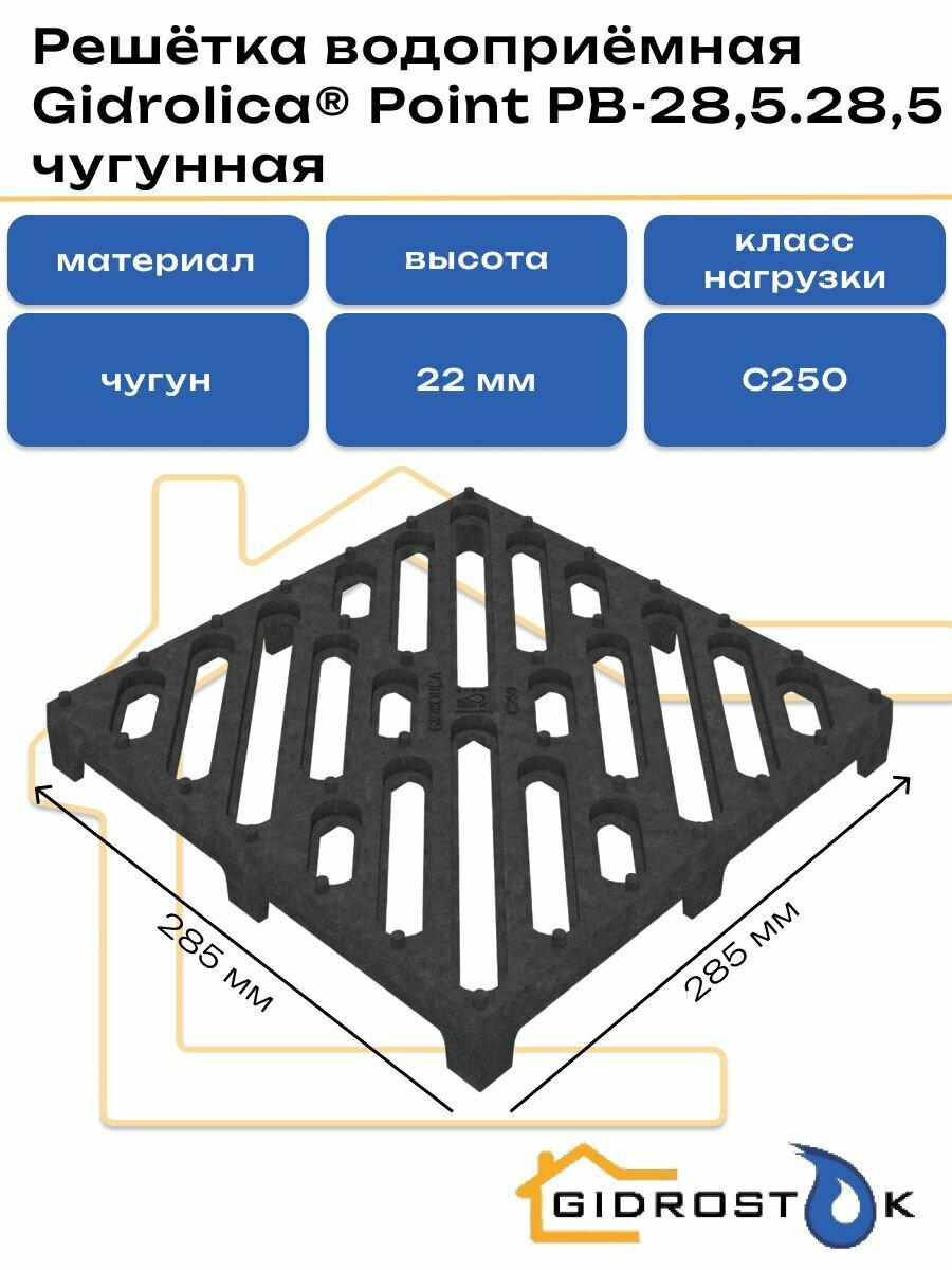 Решётка водоприёмная Gidrolica Point РВ-28,5.28,5 чугунная