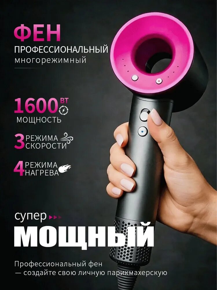 Профессиональный фен с 5 магнитными насадками, 3 режимами скорости воздуха, 4 температурными режимами, 1600 Вт, Серый