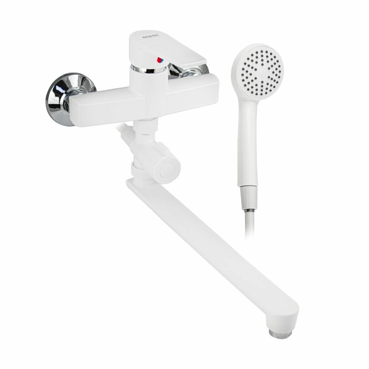 Смеситель в ванную, длинный излив, шаровый, из высокопрочного пластика АБС, белый с дивертором м/к , квадратный корпус .
