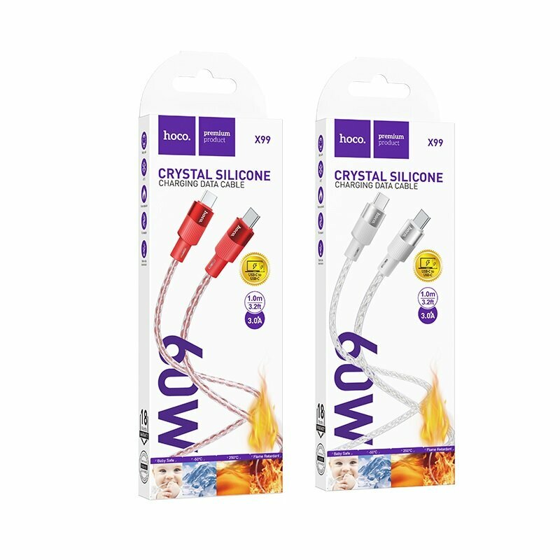 Кабель быстрой зарядки и передачи данных Hoco X99 Crystal Silicone, Type-C to Type-C, 60W, 1m, Белый+Серебристый