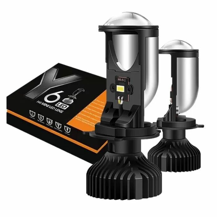 Автомобильные светодиодные линзованные лампы Y6 H4, мини линзы (mini Bi-Led lenses) ближний и дальний белый свет в фары, 6000K 12-24V, 2шт