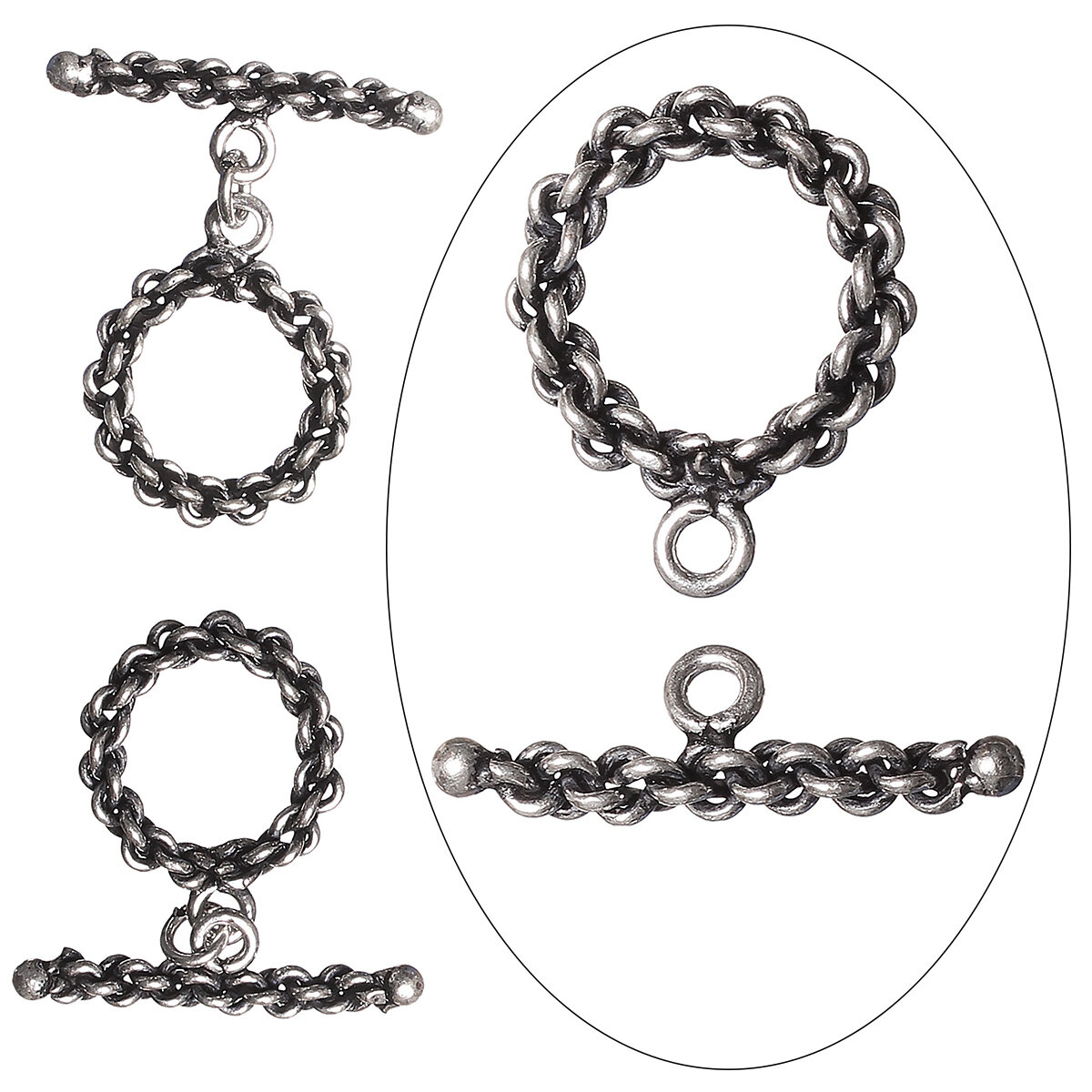 Застежка 22х19мм, Индия, тогл, канатный, базовый материал - латунь, посеребренный с чернением, 2 шт.