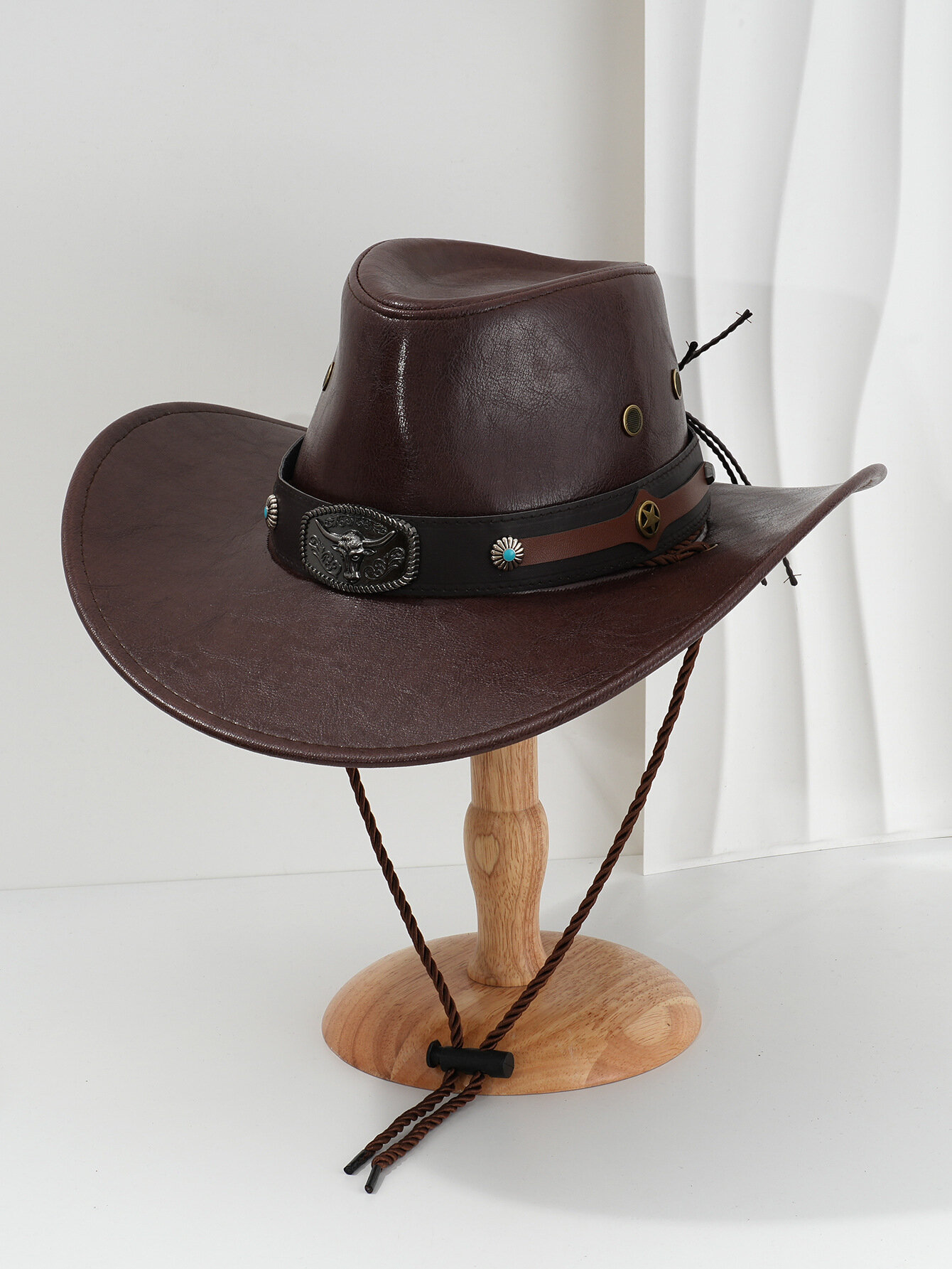 Шляпа-цилиндр, искусственная кожа, металлические кружева, коричнево-красная, размер M