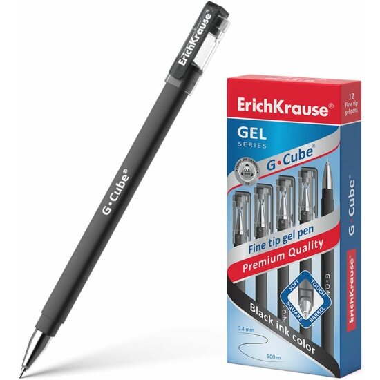 Ручка гелевая Erich Krause "G-cube", черная, корпус черный, игольчатый узел 0,5 мм, линия письма 0,4 мм, 46447