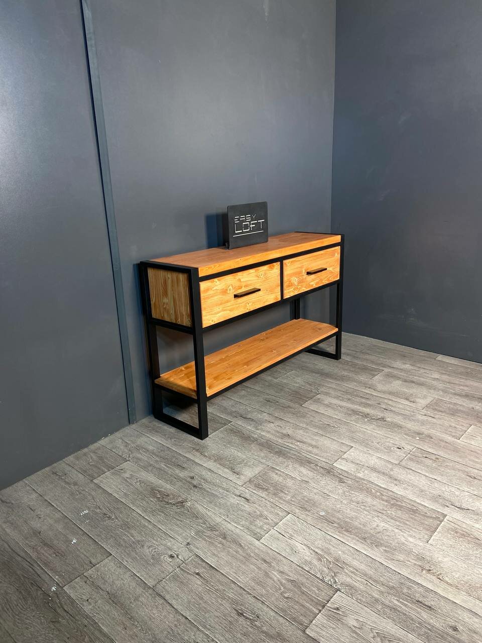 Консоль "EasyLOFT" в стиле лофт с полкой, с ящиками, в гостиную, для дома и дачи, массив хвойных пород, 120х33х77 см.