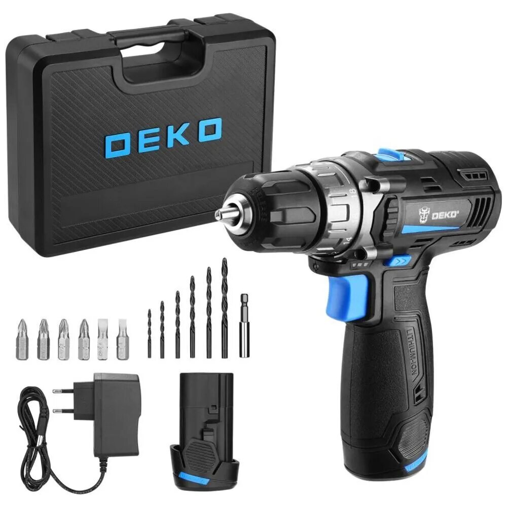 Аккумуляторная дрель-шуруповерт DEKO DKCD12V PRO в кейсе + оснастка 13 шт, 12В, 2х2.0Ач