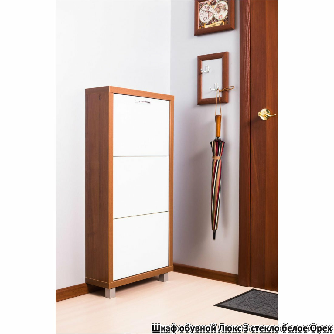 Шкаф обувной Люкс 3 стекло белое орех, Айрон, Ш:55 см, В:107 см, Г:19 см.