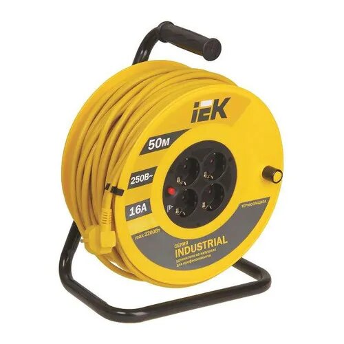 Удлинитель силовой IEK Industrial, розеток 4шт, 3x1.5 кв. мм, 16A, 30м, ПВС, катушка, желтый [wkp15-16-04-30]