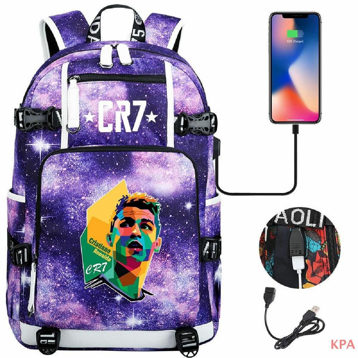 Рюкзак школьный Football Cristiano Ronaldo USB с зарядкой для ноутбука и путешествий