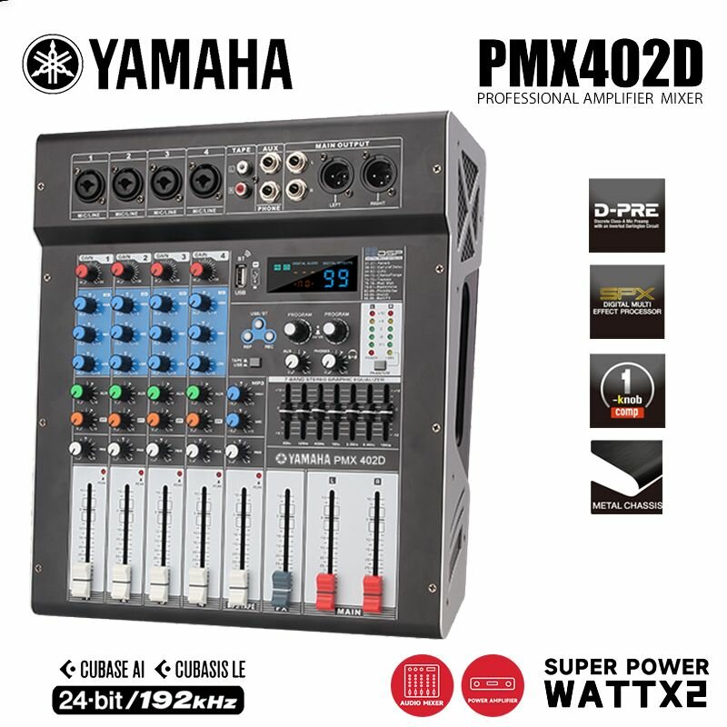 Yamaha PMX402D миксер с 99 эффектами (USB, LED дисплей) Подходит для бара диджея, сценического шоу, места свадьбы