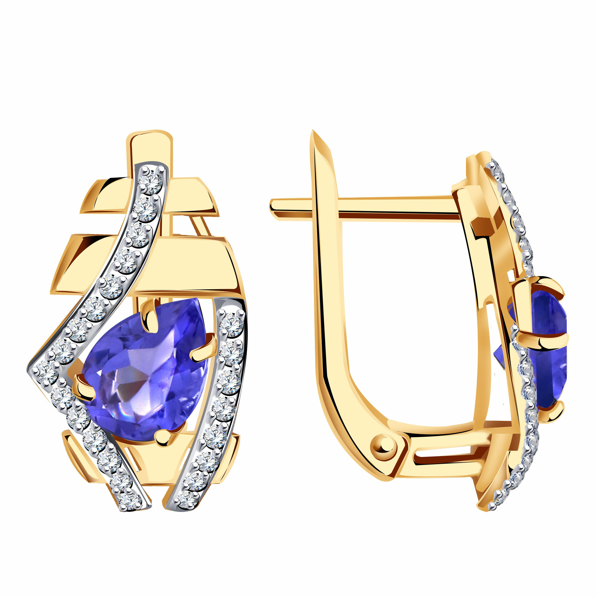 Серьги, красное золото, 585 проба, фианит, танзанит