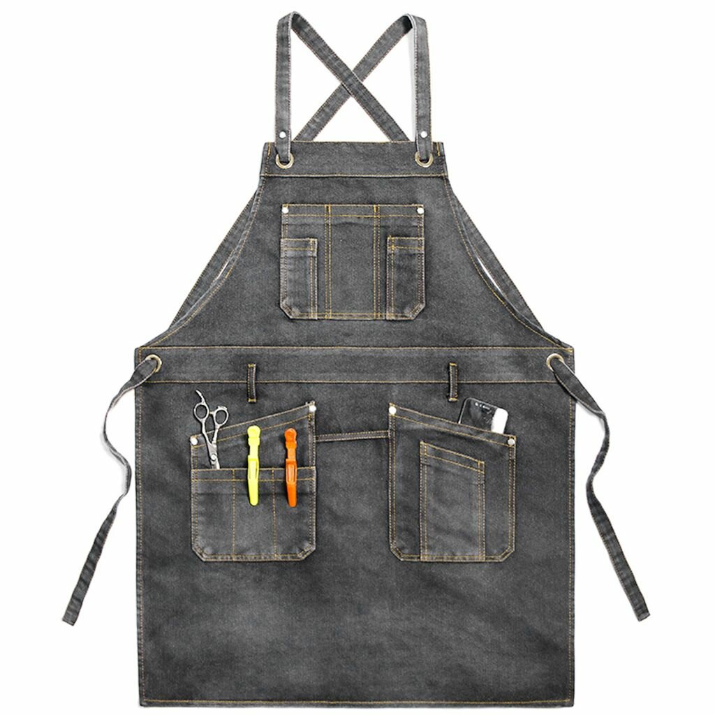 Фартук, Стиранный джинсовый фартук - черный - с бретелями из основного материала, 1 шт.