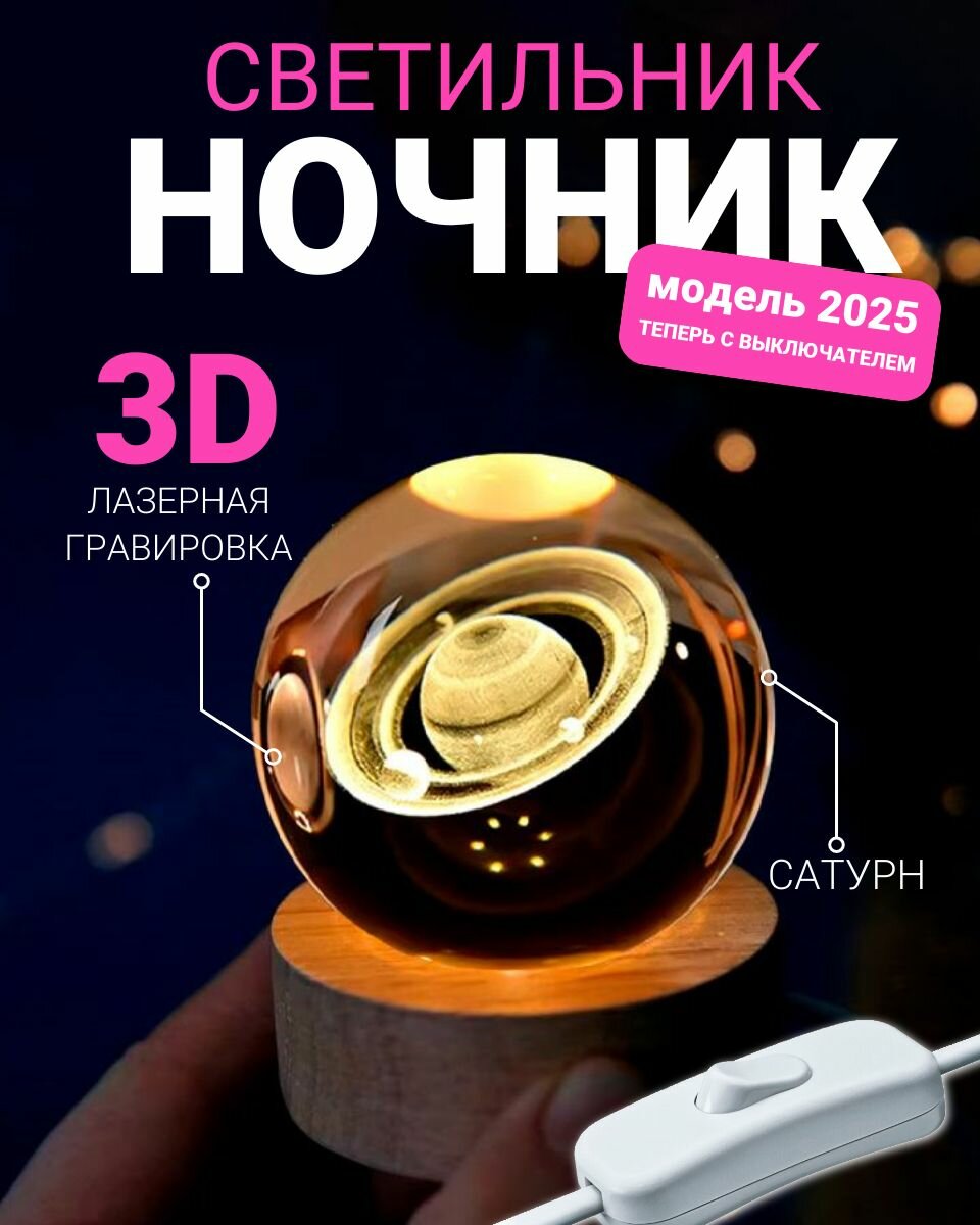 Светильник декоративный "Хрустальный шар" с подсветкой Сатурн, от USB, шар 6см
