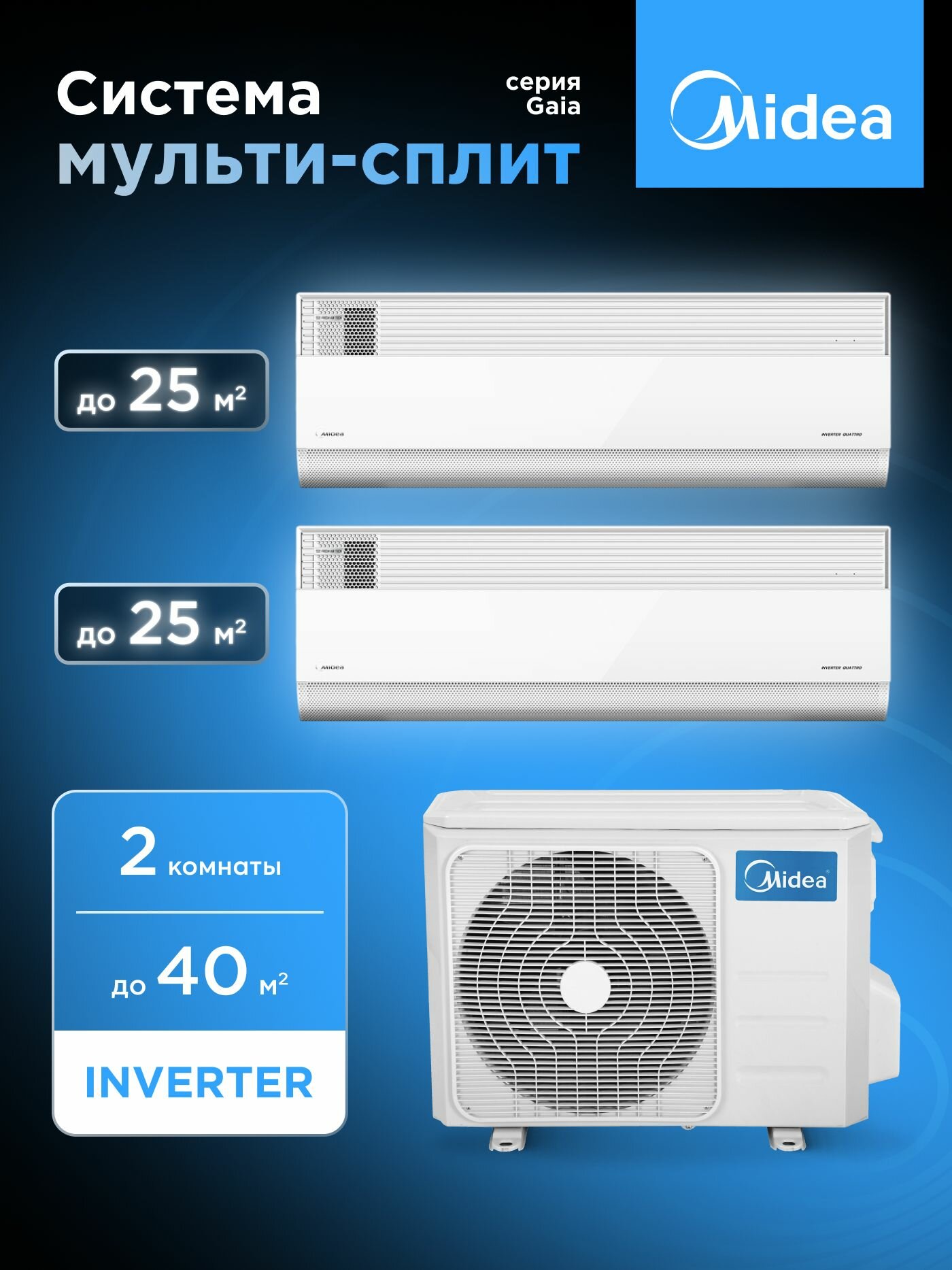 Мощная мульти сплит-система для 2-х комнат Midea M2OH-14HFN8-Q1/MMCA1BU-09HRFN8*2 (25 кв. м. + 25 кв. м.)