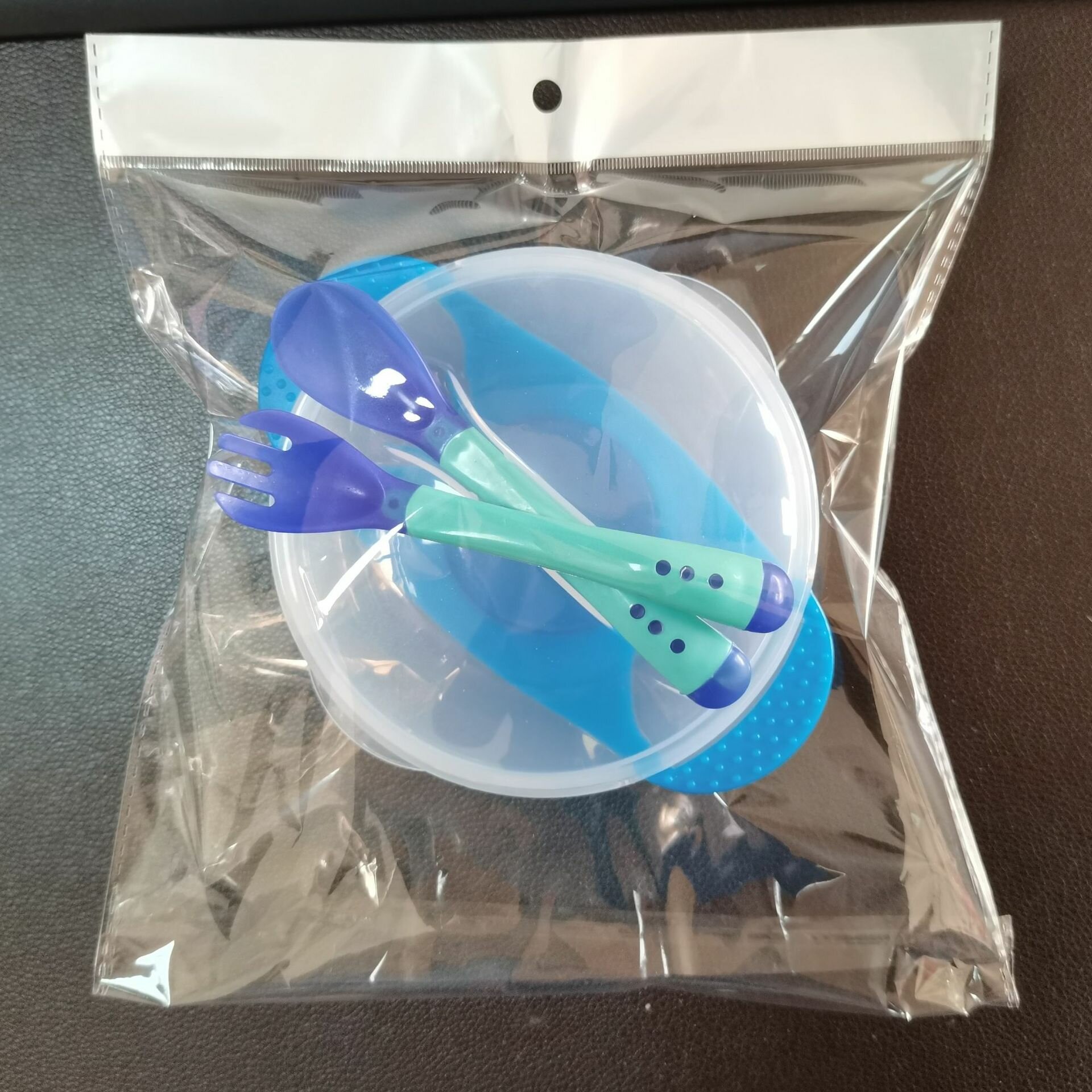 Набор детской посуды "Миска на присоске", с термочувствительными ложкой и вилкой, синий, пластик