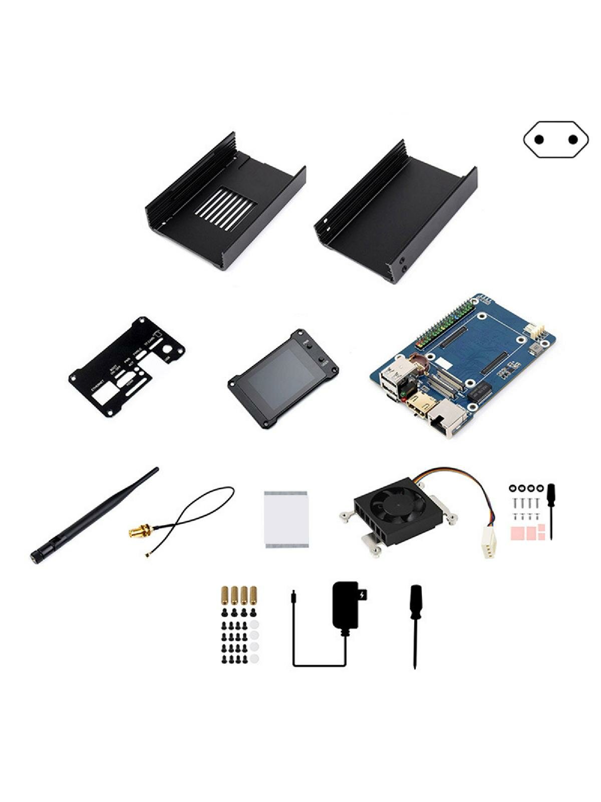 For RPi Compute Module 4 NAS Host Networking Storage Server Double SATA Slots 2 Inch Screen Aluminum Case Antenna Power