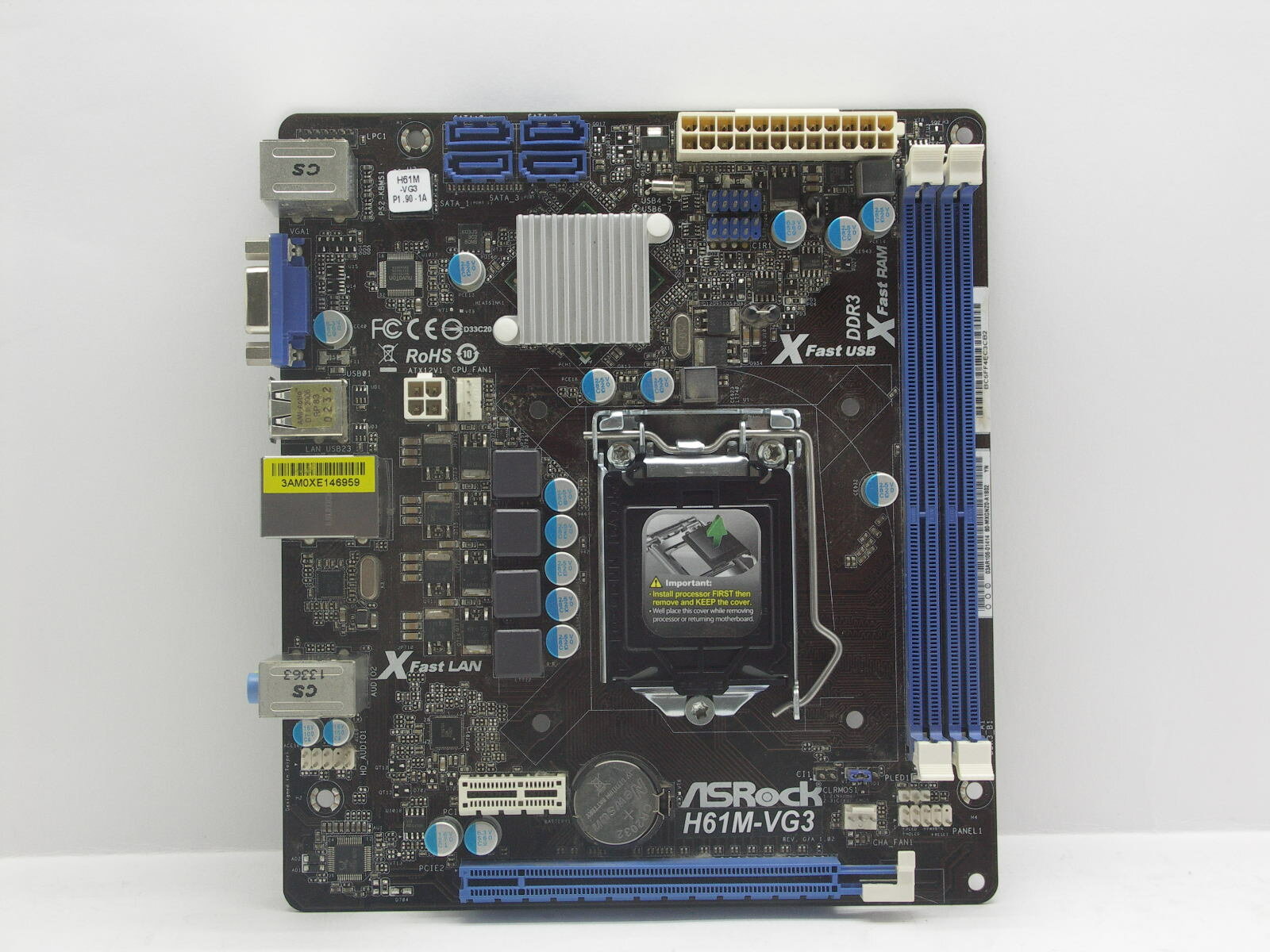 Материнская плата S-1155 AsRock H61M-VG3, H61/2DDR3/SATA/Lan/VGA/Sb/mITX