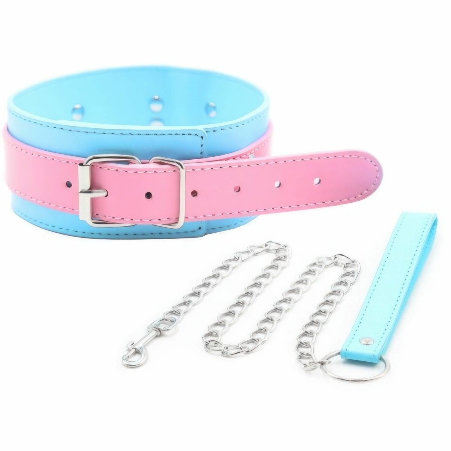 Ошейник розово-голубой с поводком на цепи