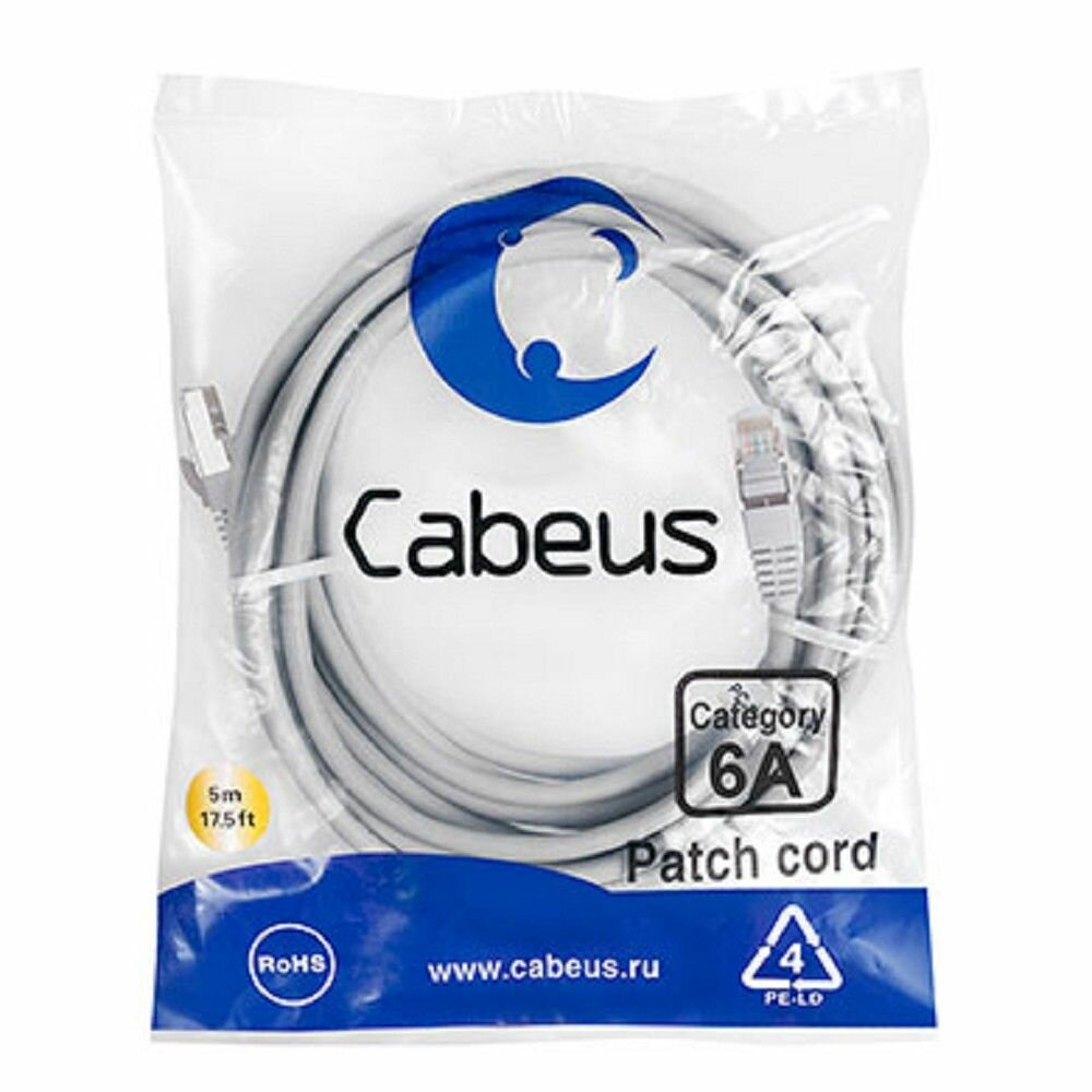 Cabeus Патч - корд PC - SSTP - RJ45 - Cat.6a - 5m - LSZH S FTP, категория 6а , LSZH, 5м, серый