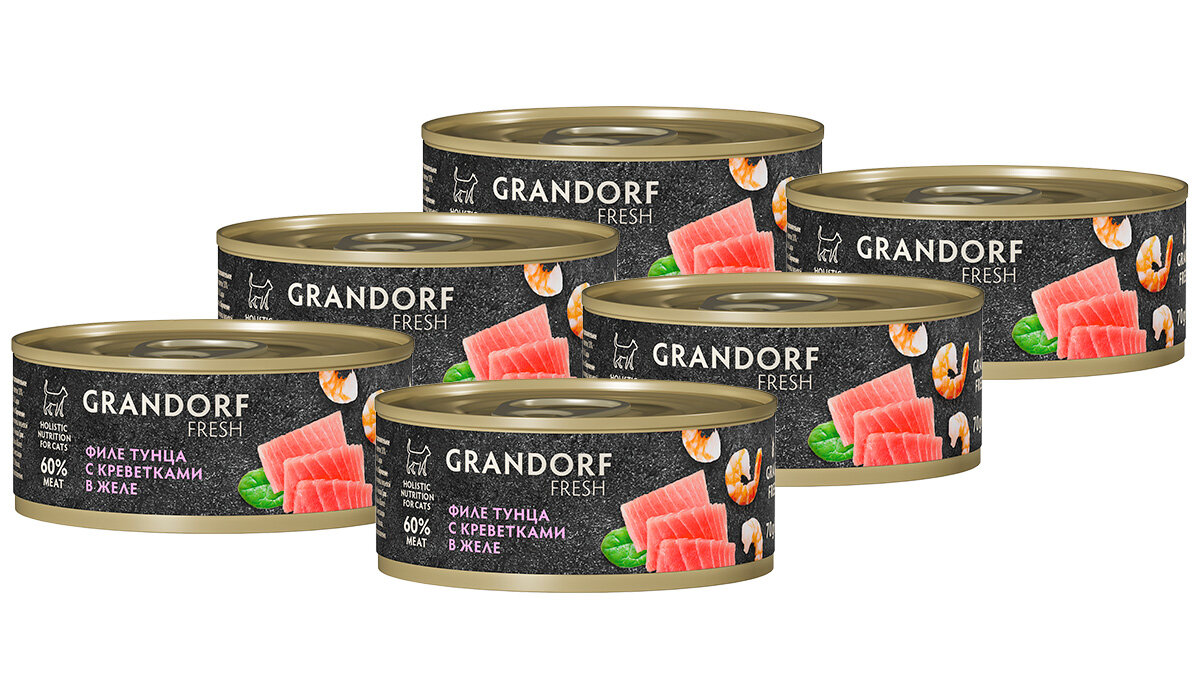 Корм влажный Grandorf Fresh для взрослых кошек с филе тунца и креветками в желе, 70 г х 6 шт