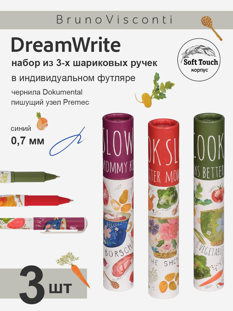 Набор из 3-х ручек Bruno Visconti шариковая 0.7 мм, синий DreamWrite "славянская трапеза"