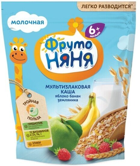 Каша Фрутоняня молочная мультизлаковая с яблоком бананом и земляникой с 6 мес 200 г (пауч)