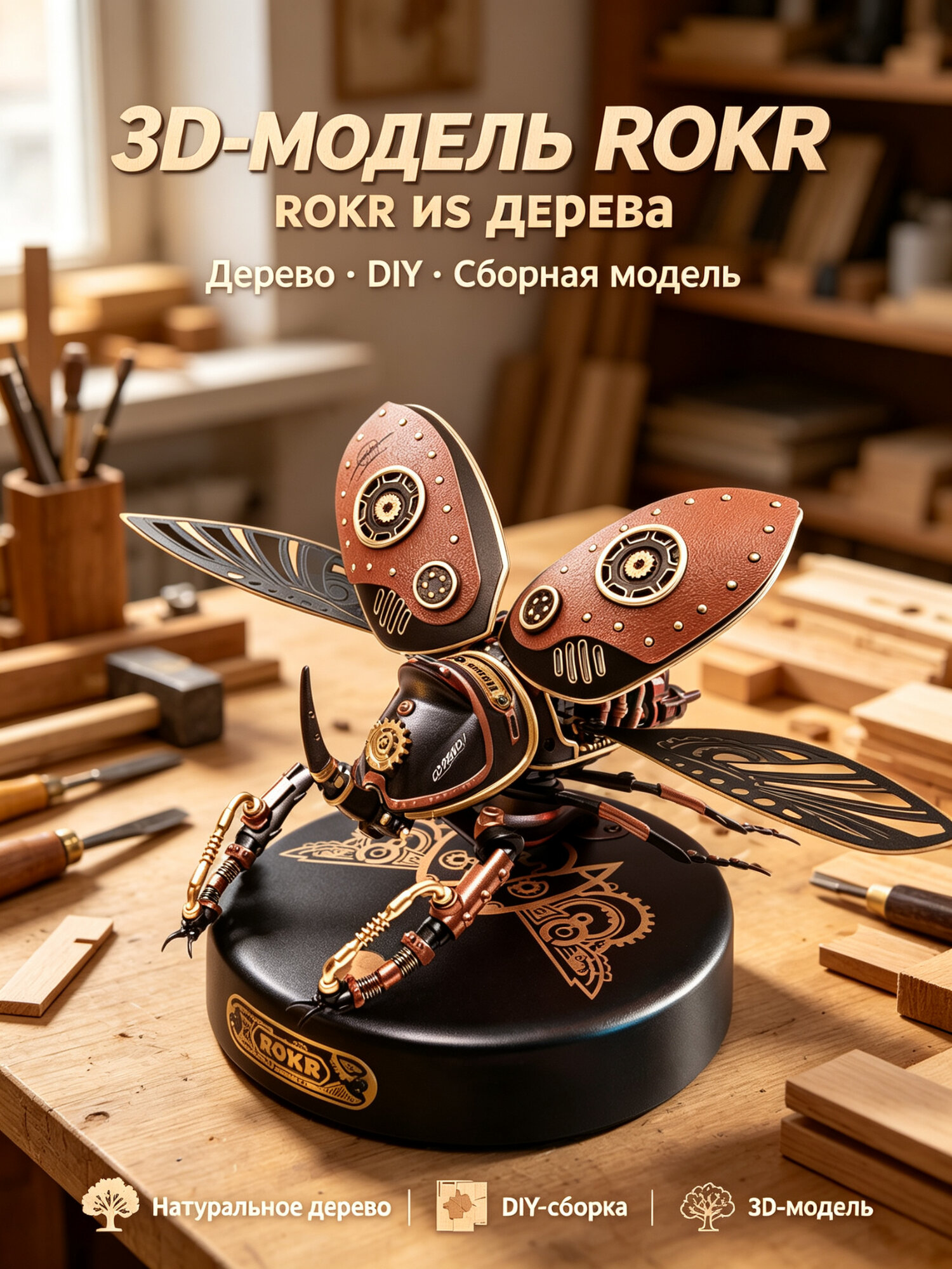 Деревянная сборная 3D-модель-конструктор ROKR MI01 — DIY-набор для творчества и хобби, сборка своими руками